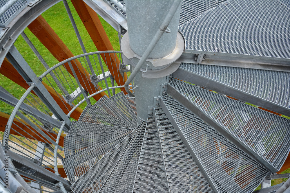 Spiral staircase of lookout tower, construction with metal steps ...