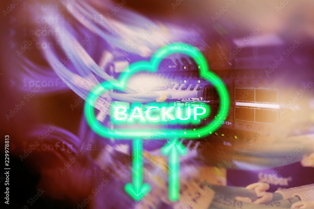Backup button on modern server room background. Data loss prevention ...