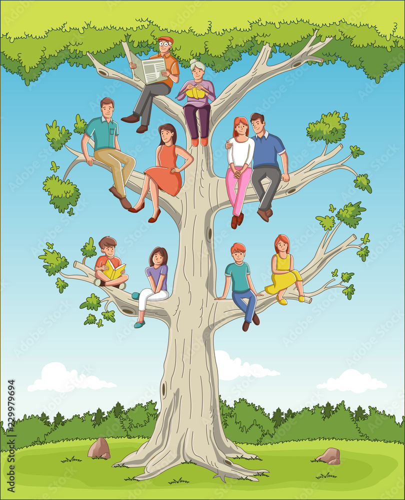 Family tree with people. Cartoon family on genealogical tree. Stock ...