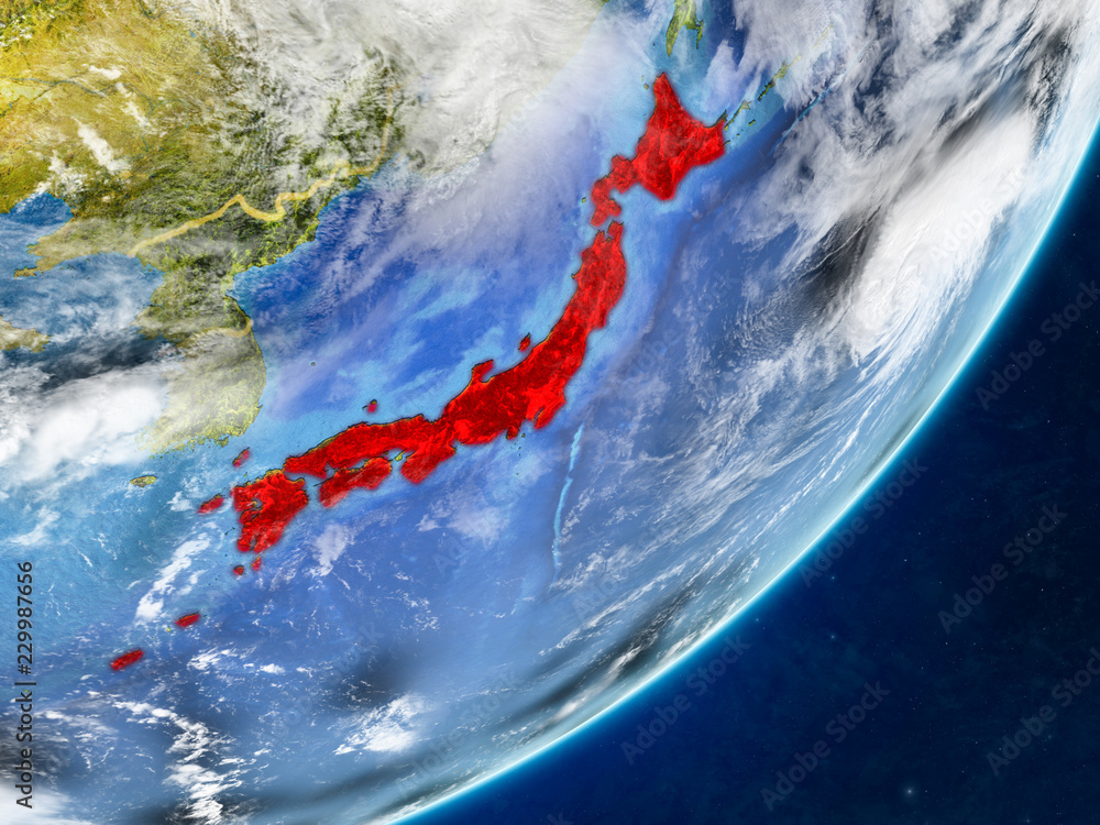 Japan on model of planet Earth with country borders and very detailed ...