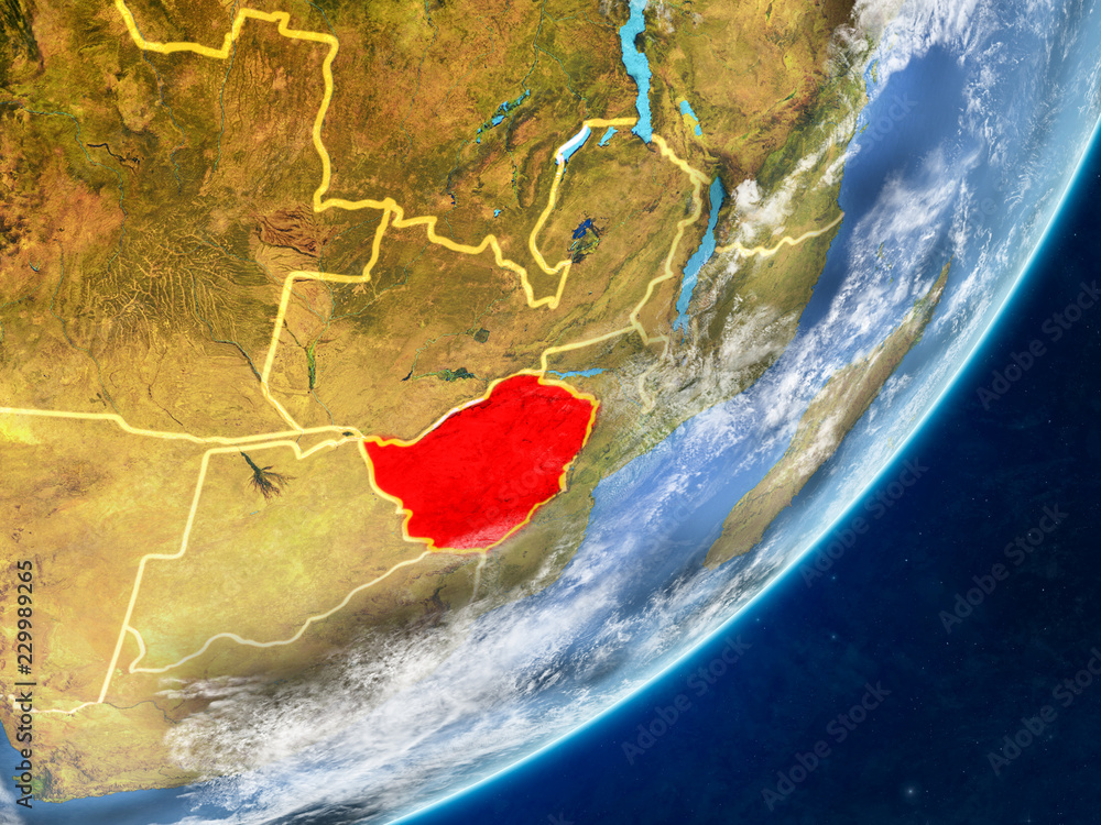 Zimbabwe on model of planet Earth with country borders and very ...