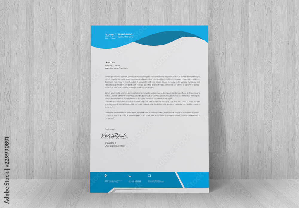 Letterhead Layout with Blue Header and Footer Stock Template | Adobe Stock