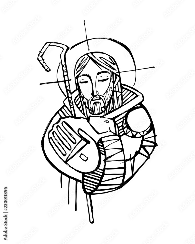 Jesus Christ Good Shepherd vector hand drawn ink illustration Stock ...