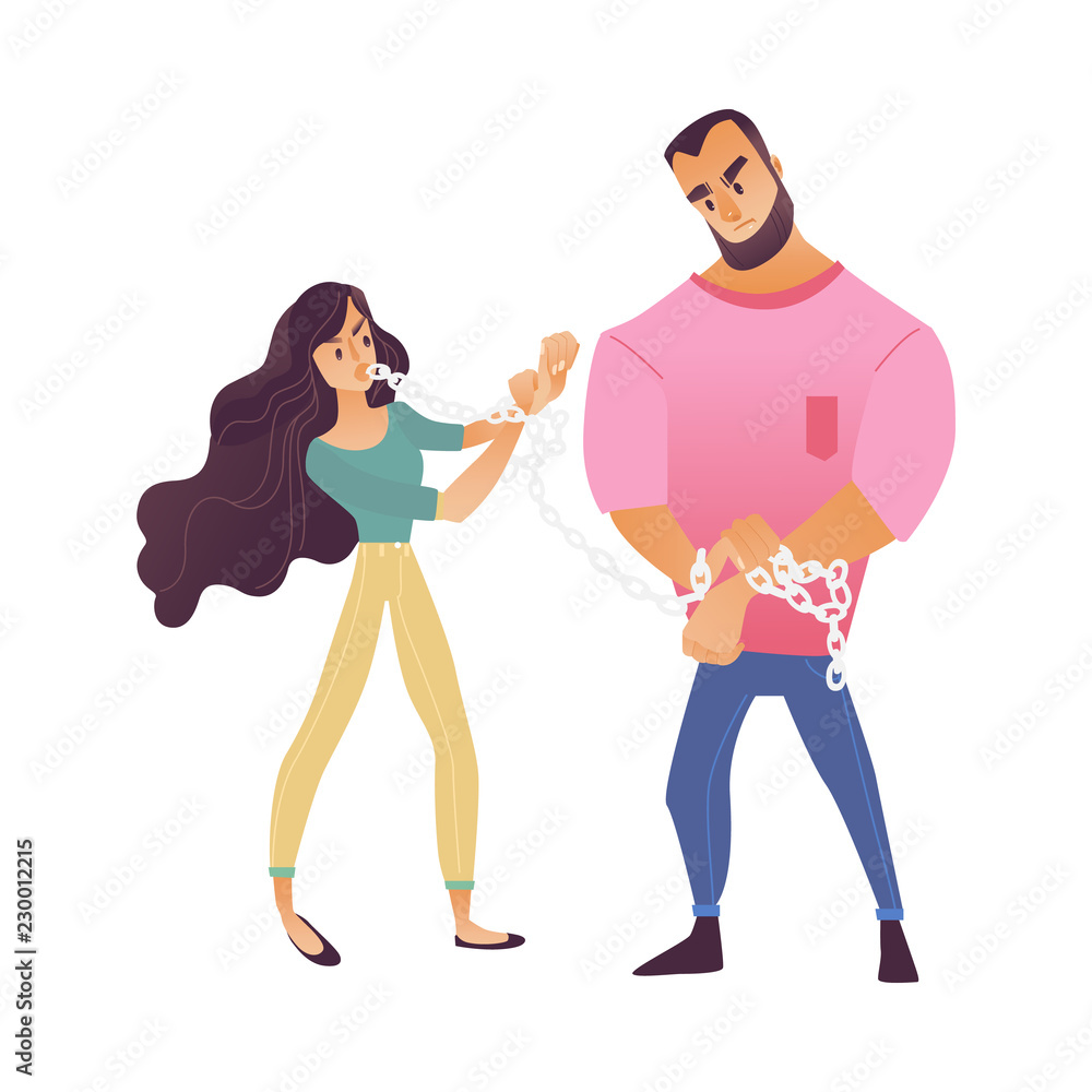 Vector illustration of young couple standing with chained hands trying ...