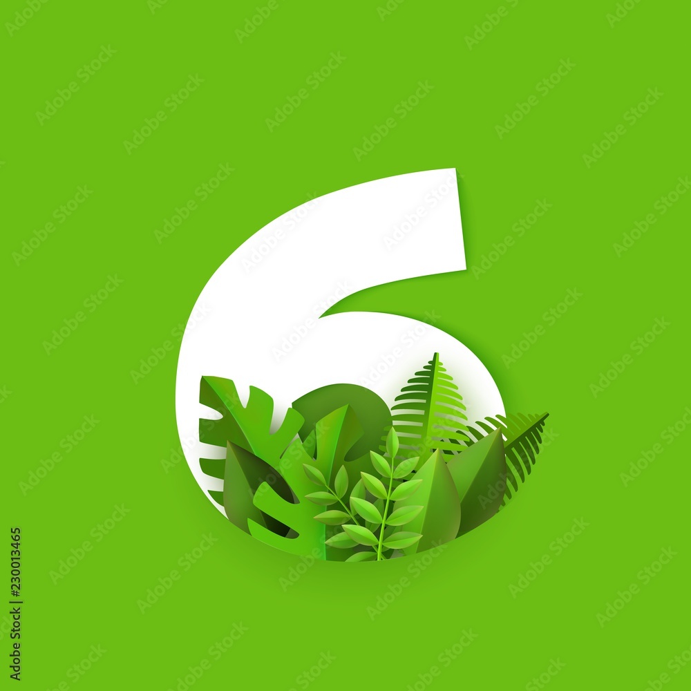 Vector illustration of number six with fresh leaves isolated on green ...