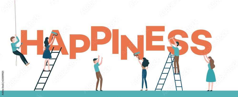 Happiness text design vector illustration with men and women placing ...