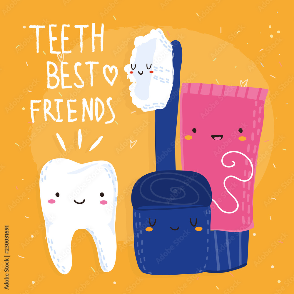 Best friends of teeth. Hand drawn cute vector illustration Stock Vector ...