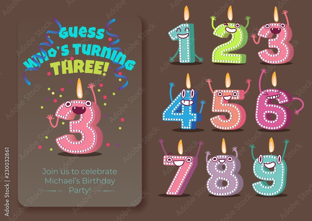 Vector cute birthday poster with candle number three 3 character with ...