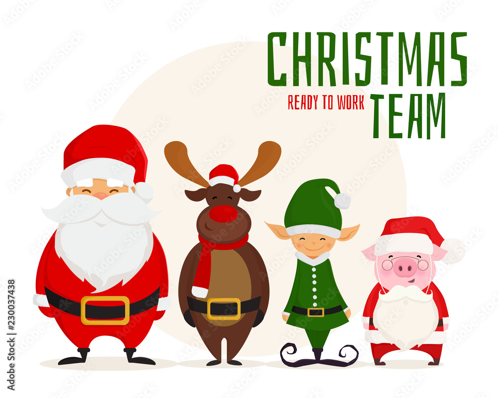 Christmas team. Cartoon Santa Claus, Christmas elf, deer and pig ...