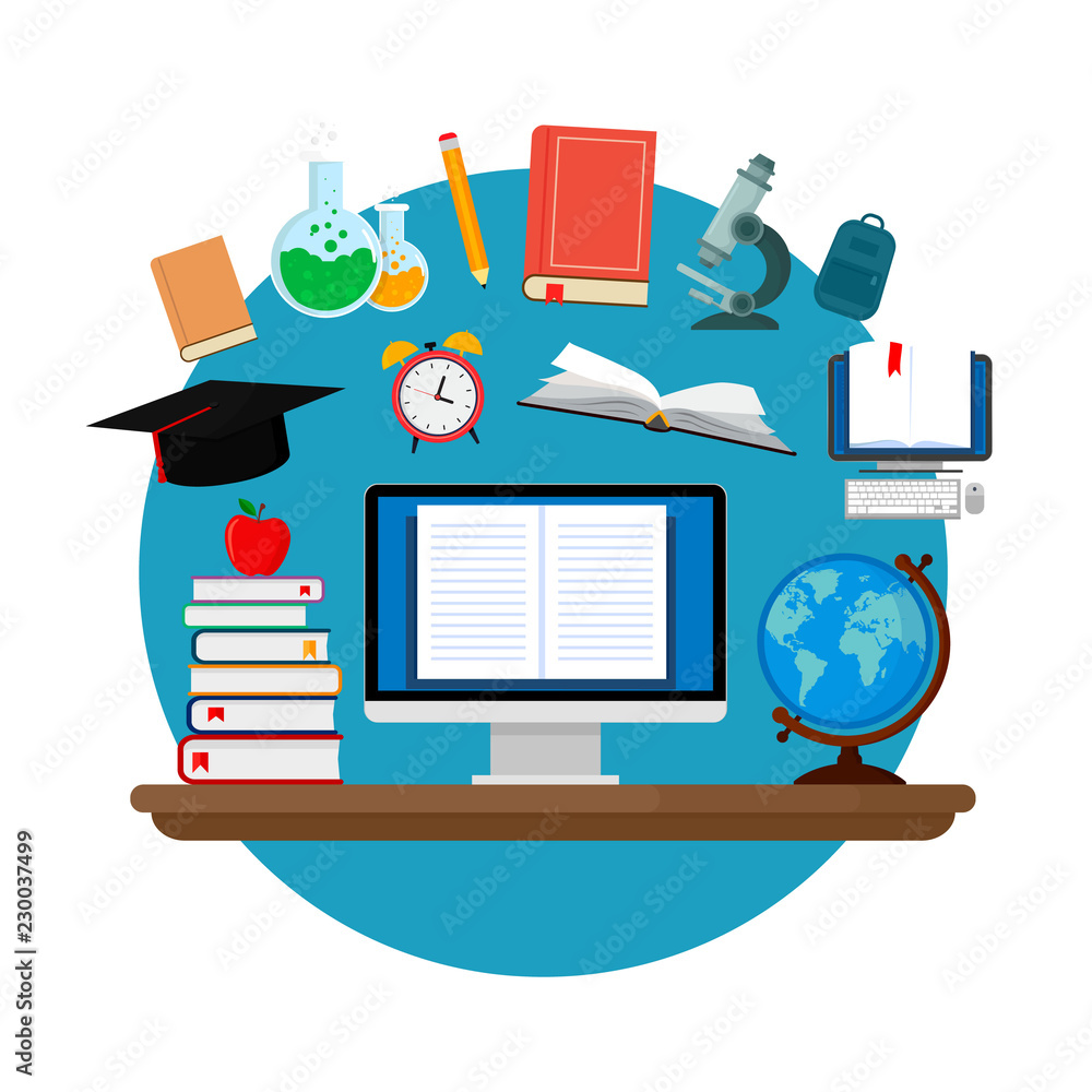 Online education concept. E-learning, online courses, school homework ...