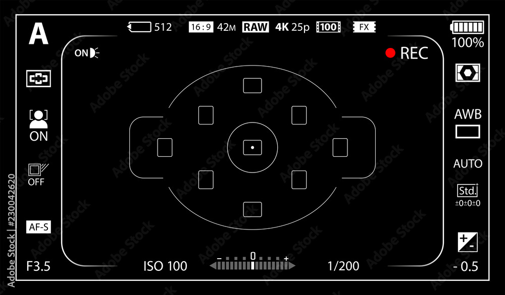 Modern digital video camera focusing screen with settings template ...
