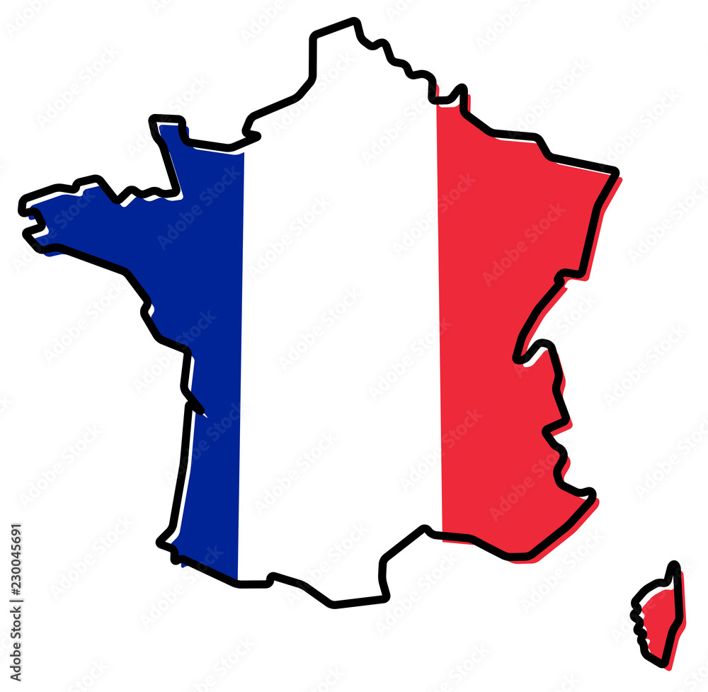 Simplified map of France outline, with slightly bent flag under it ...
