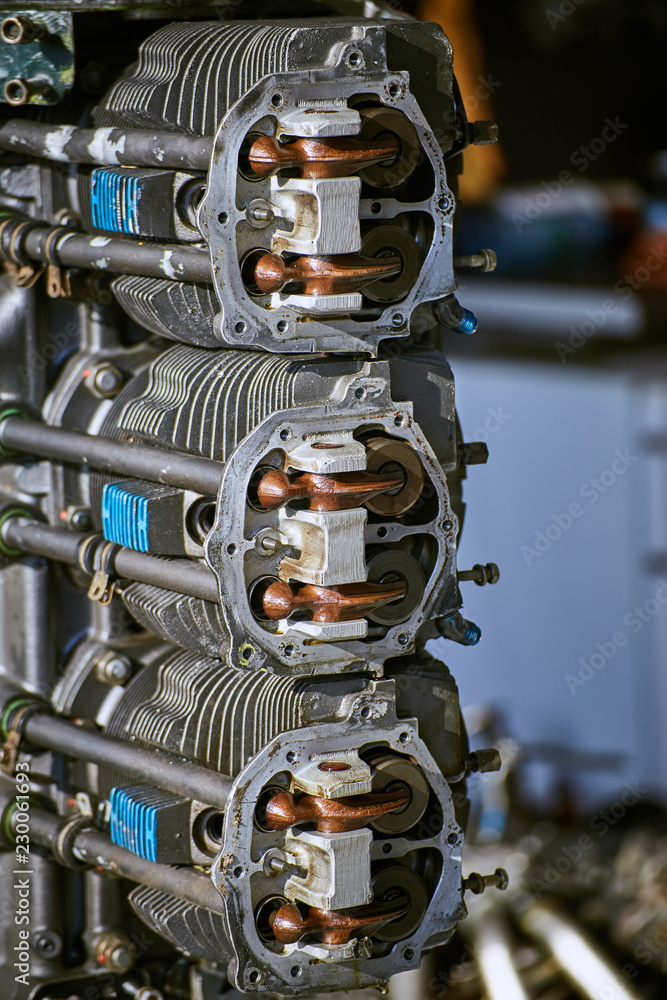 Aviation six-cylinder boxer engine air cooling shot for repair. Stock ...