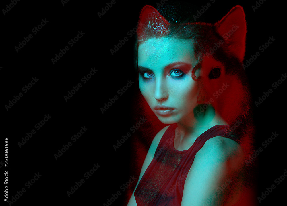 Gothic girl and wolf double exposure on black background. Werewolf ...