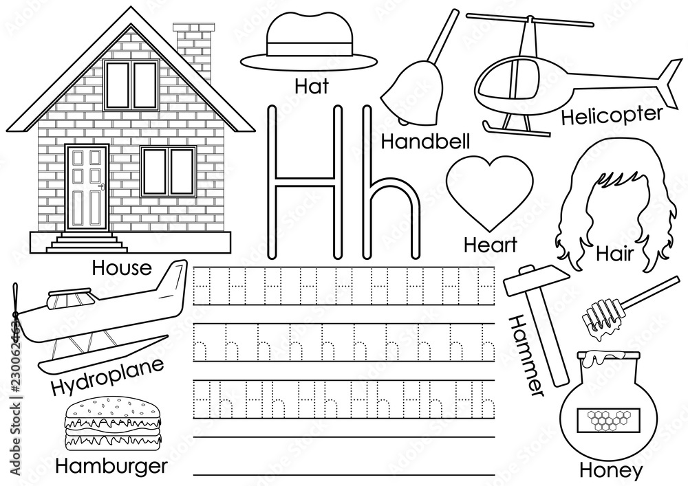 Letter H. Learning English alphabet with pictures. Writing practice and ...