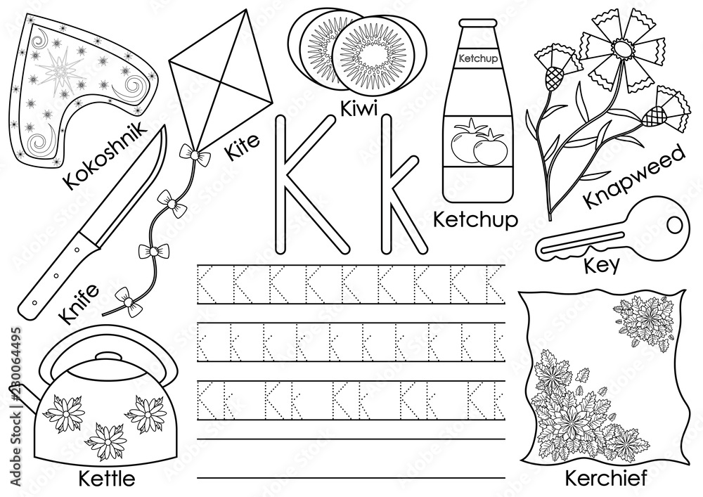 Letter K. English alphabet. Writing practice and coloring book ...