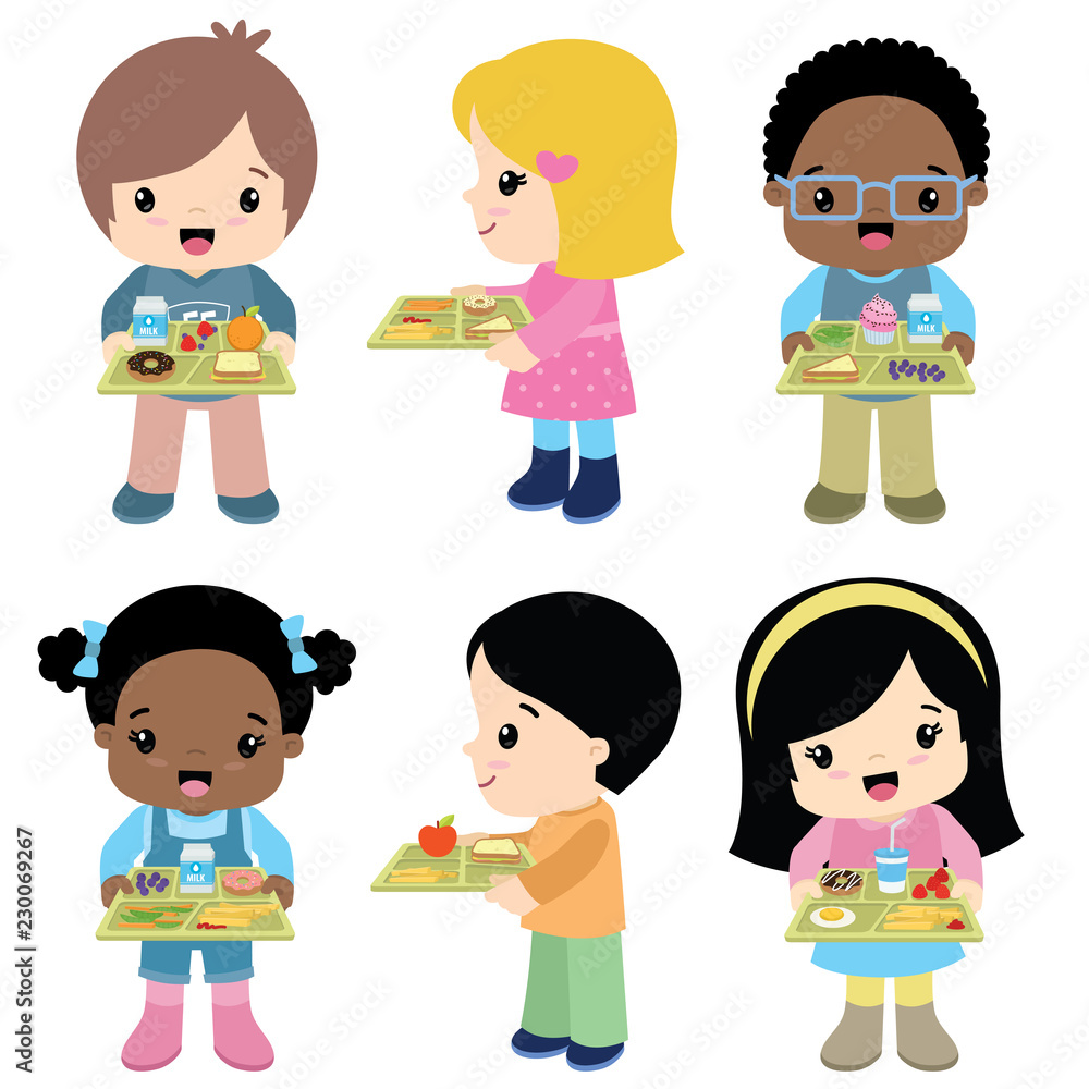 School Children Carrying Lunch Tray Lunch Cafeteria Vector Illustration ...