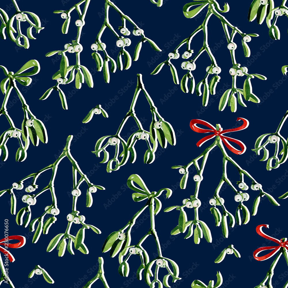 Seamless watercolor Christmas background with mistletoe and red ribbon ...