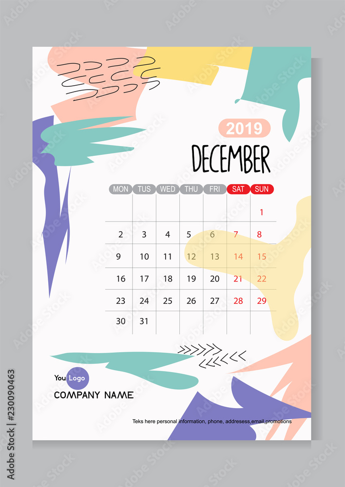 Arctistic monthly calendar template design for new years 2019. Cute pop ...