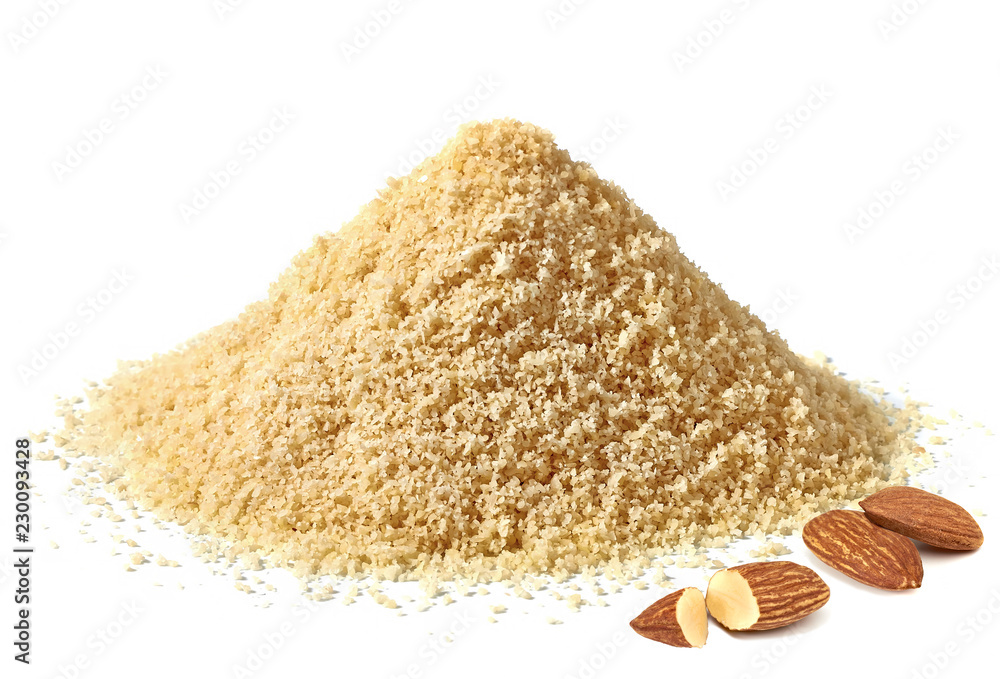 Almond flour pile or grated almonds side view isolated on white ...