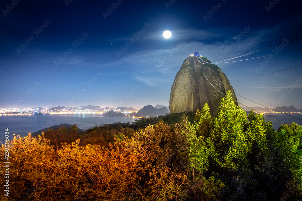 Sugar Loaf Mountain at night with a full moon - Rio de Janeiro, Brazil ...