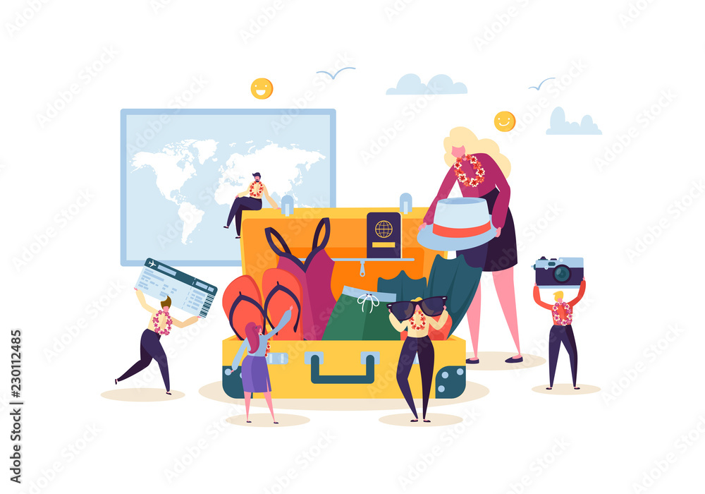 Characters Packing Luggage for Travel. Man and Woman Preparing for ...