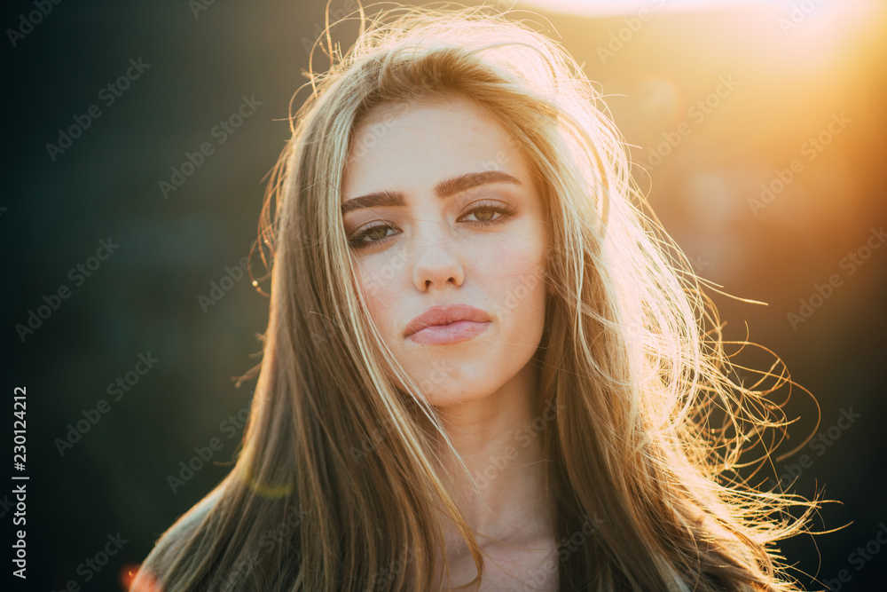 Beautiful woman face. Portrait of young girl with clean skin on pretty ...