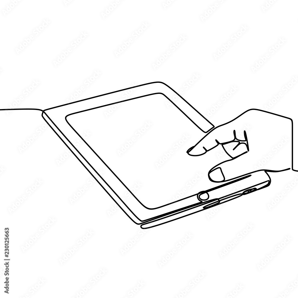 Tablet vector with continuous line art drawing style. One single hand ...