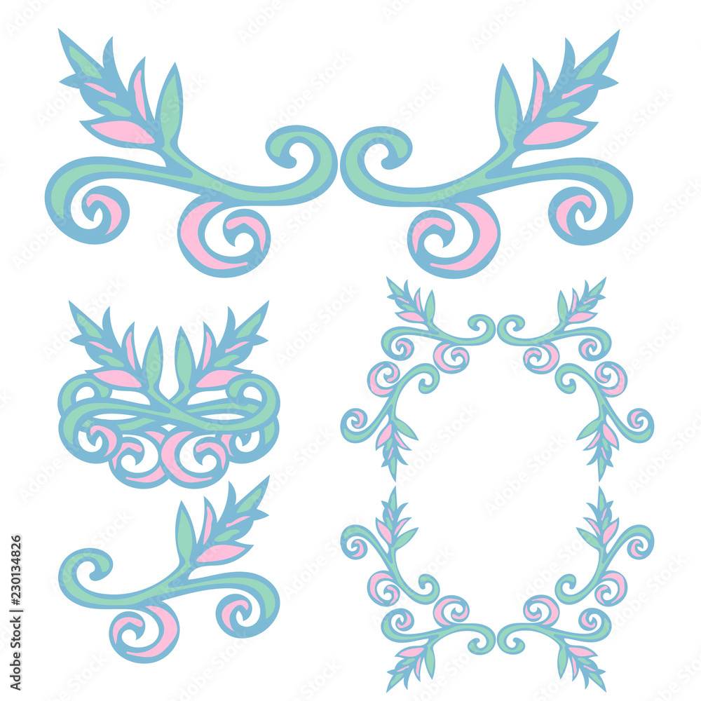 Set of hand drawn curly doodle floral design elements with ears, field ...