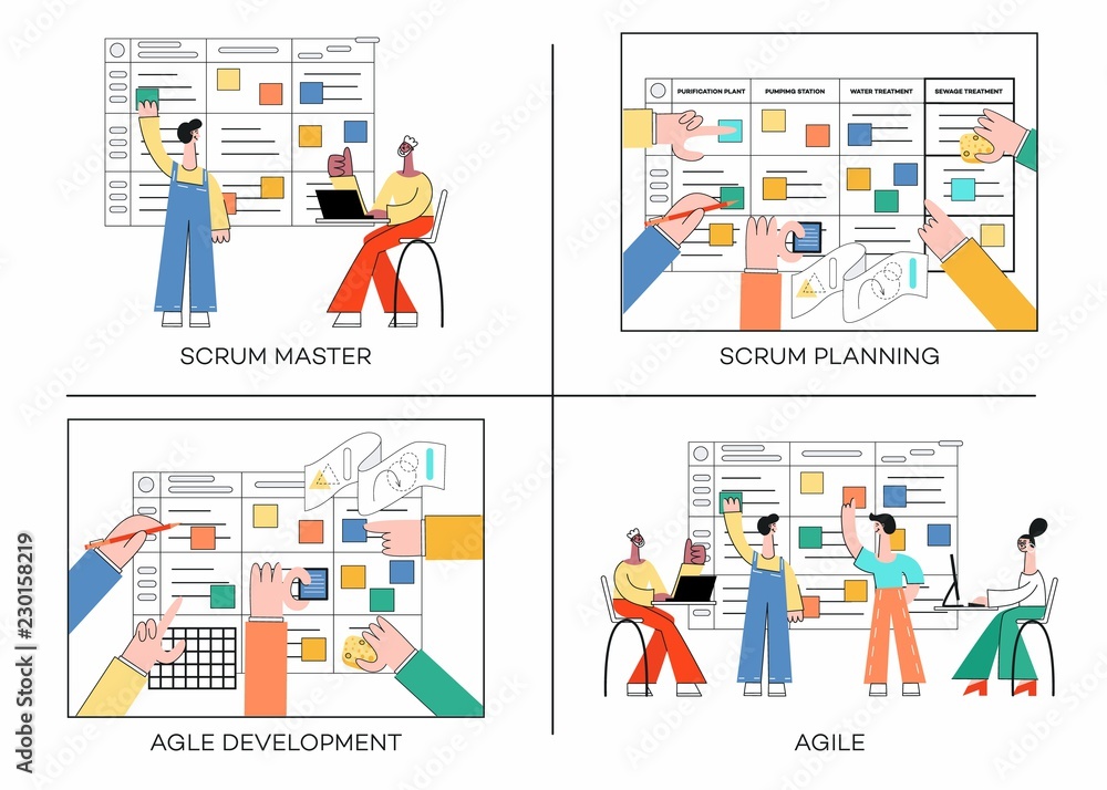 Vector illustration set of scrum planning technique of teamwork on ...