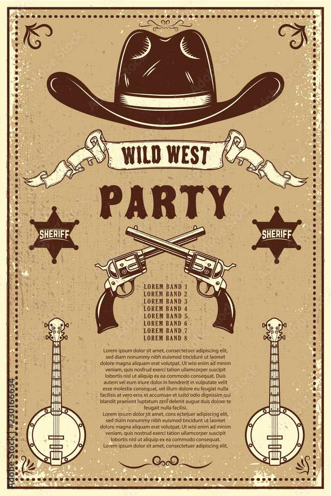 Country music festival poster template. Cowboy hat with crossed ...
