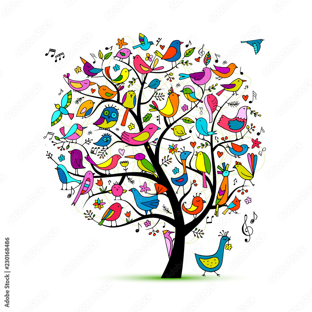 Tree with birds, sketch for your design Stock Vector | Adobe Stock