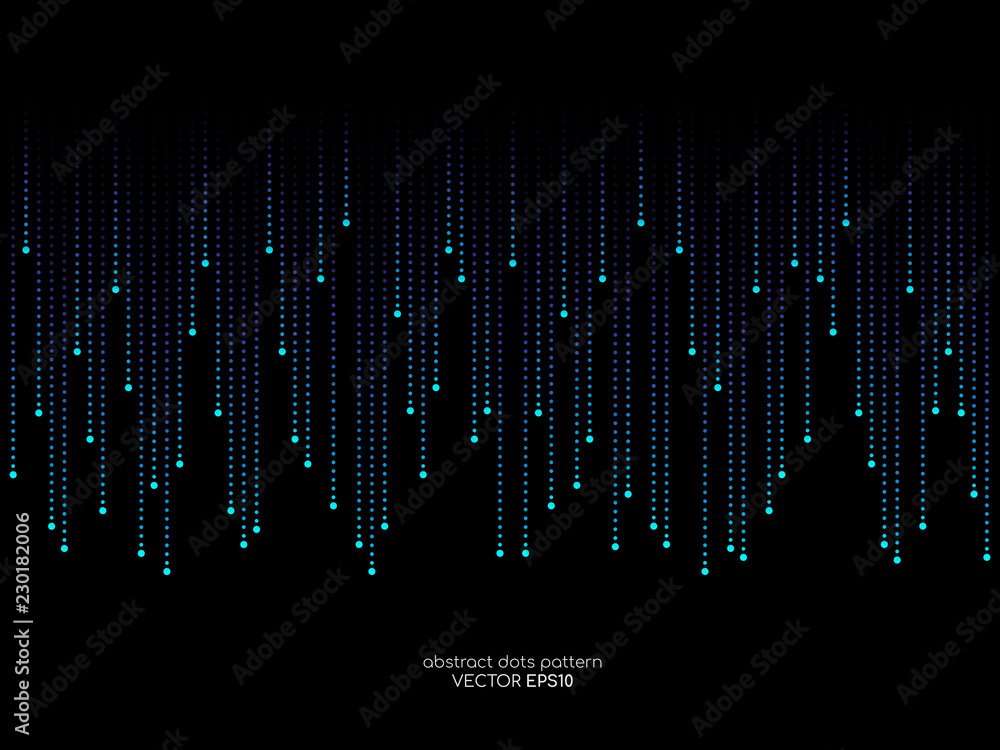 Dots lines dropping in light blue and green colors on black background ...