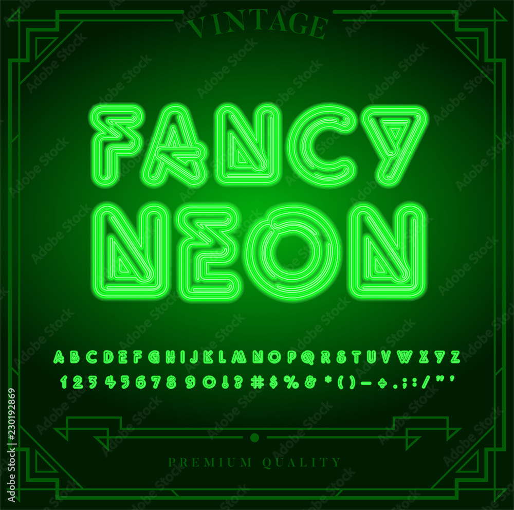 Bright Neon Alphabet Letters, Numbers and Symbols Sign in Vector. Night ...