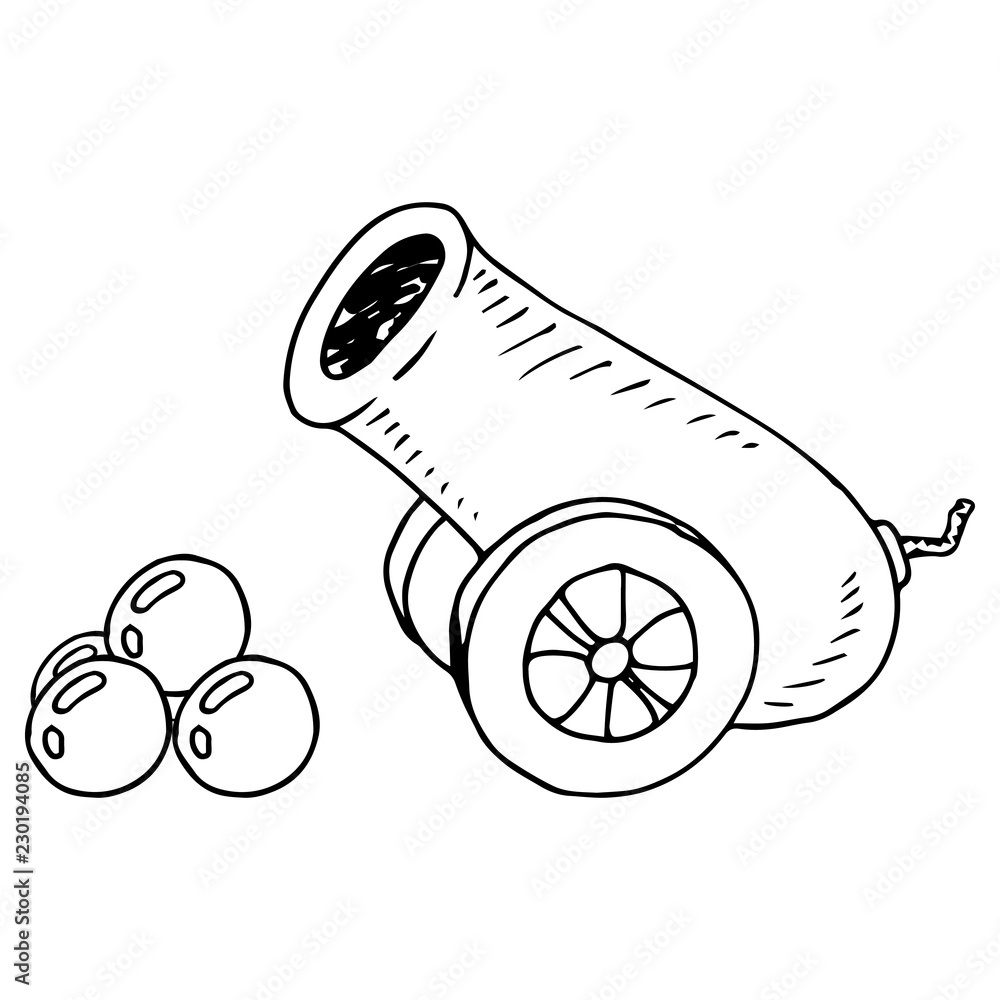 Cannon with cannonballs. Vector illustration of an old gun. Hand drawn ...
