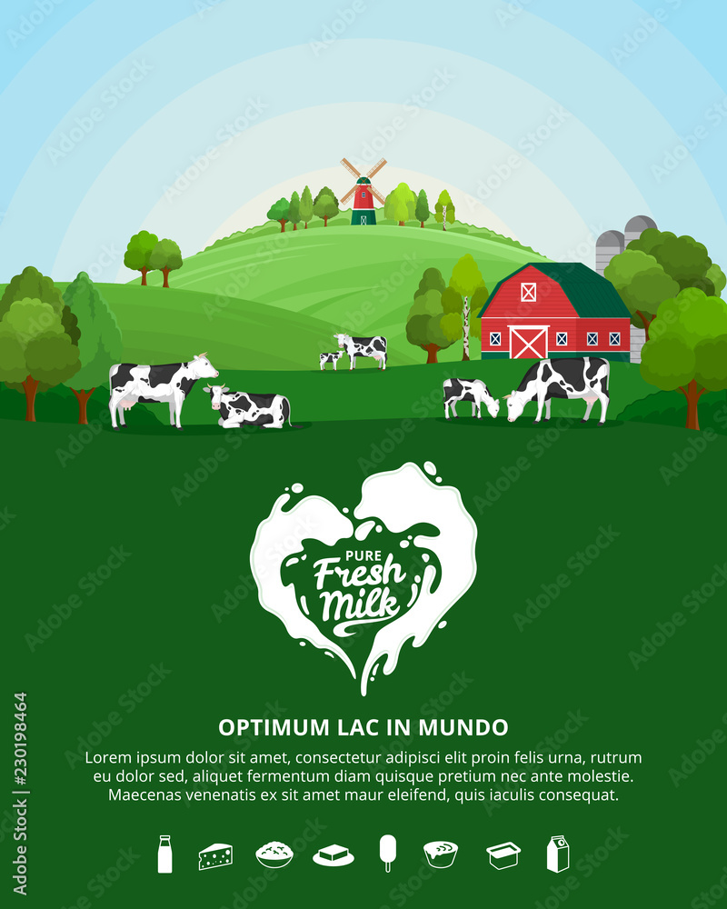 Vector milk illustration with milk splash, farm, cows and calves Stock ...