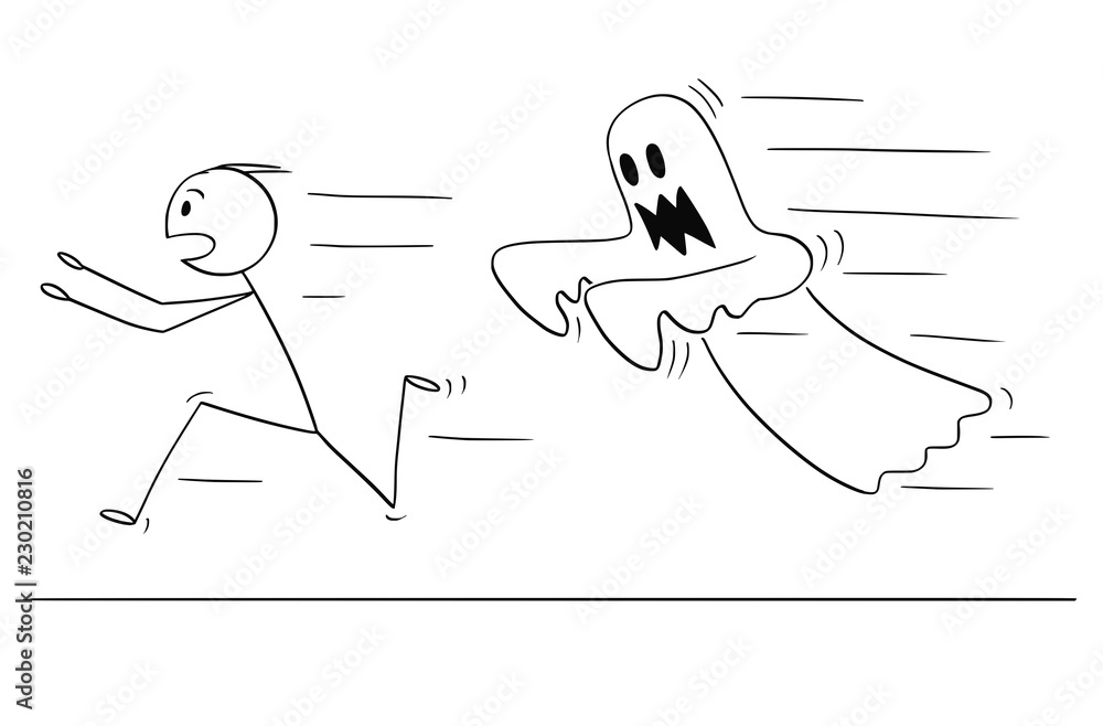 Cartoon stick drawing conceptual illustration of frightened man running ...
