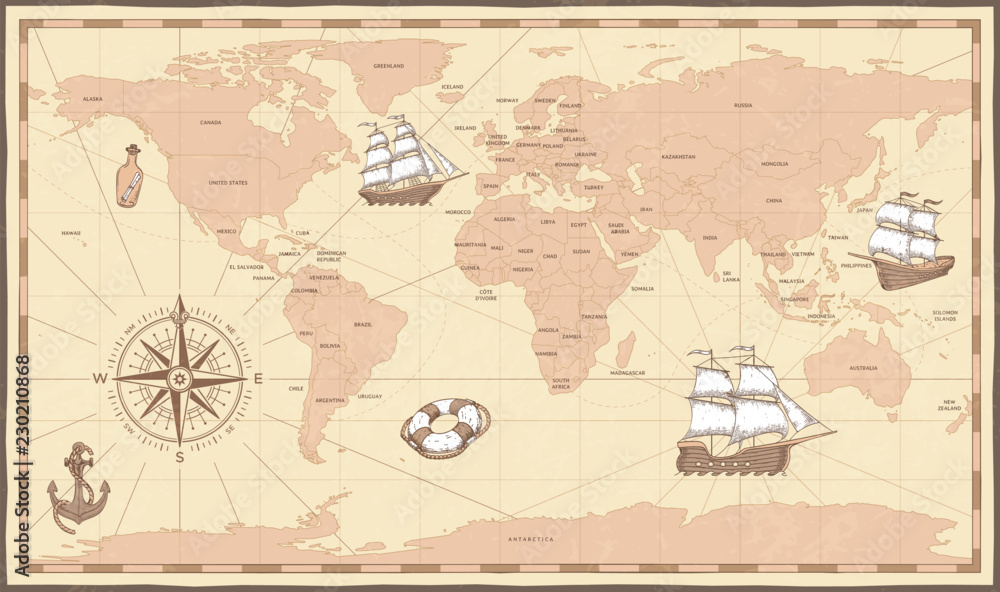 Antique world map. Vintage compass and retro ship on ancient marine map ...