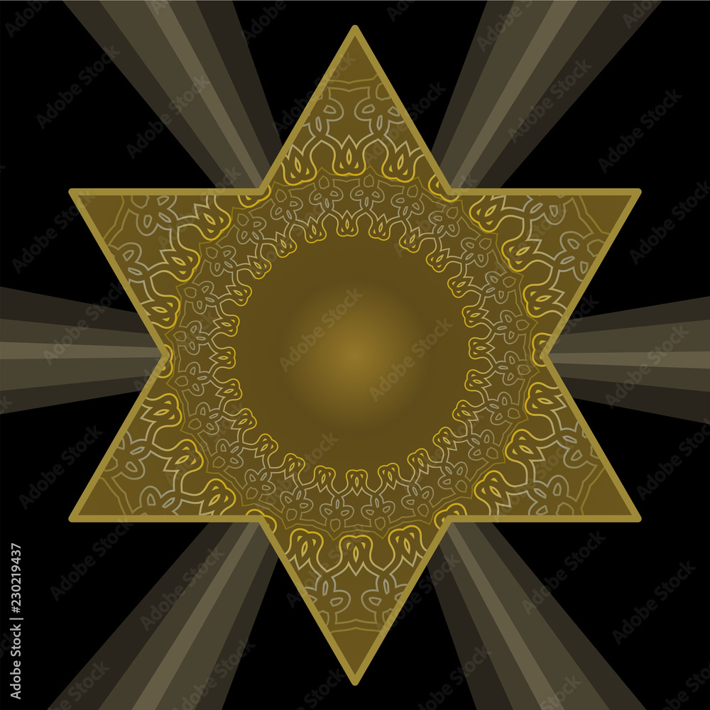 Golden Star of David in antique style. Filigree patterns on dark gold ...