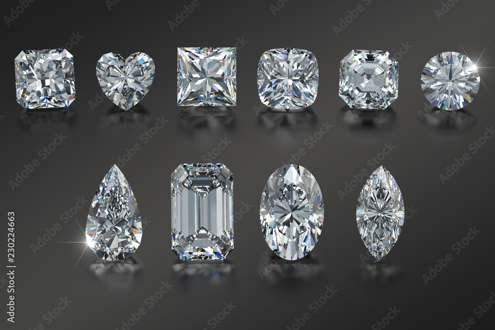 Ten the most popular diamond shapes on black glossy background. 3D ...