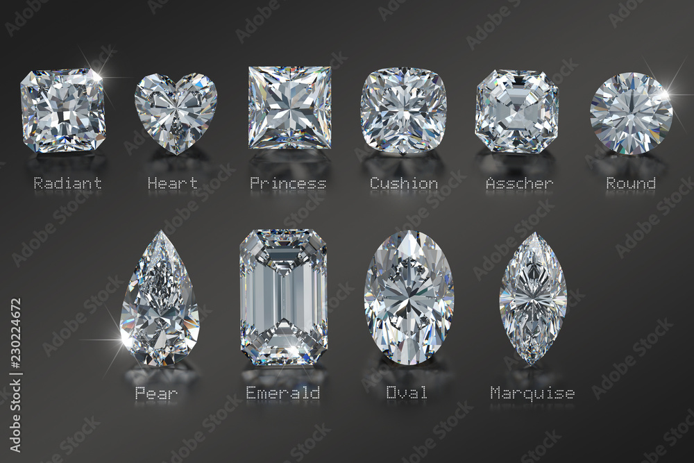 Poster Ten the most popular diamond shapes with titles on black glossy ...