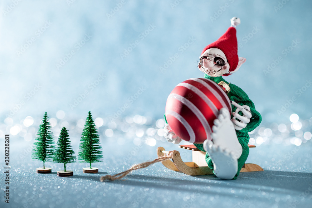 Cute Cheerful Santas Helper Elf Sitting on Santas Sleigh With Christmas ...