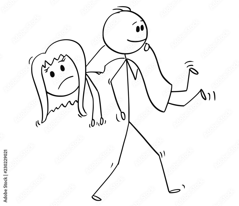 Cartoon stick drawing conceptual illustration of man carrying woman ...