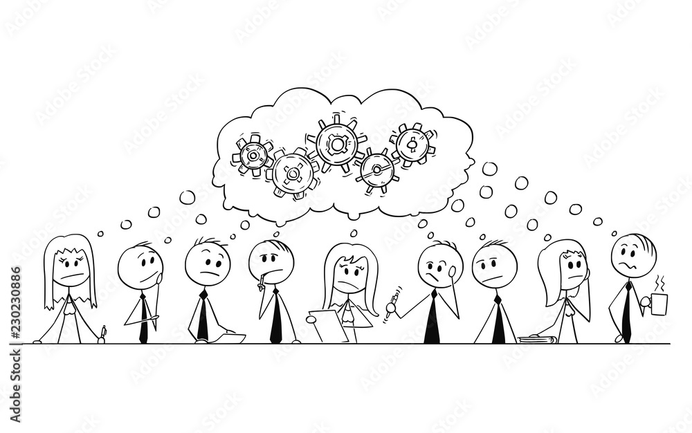 Cartoon stick drawing conceptual illustration of group of nine business ...