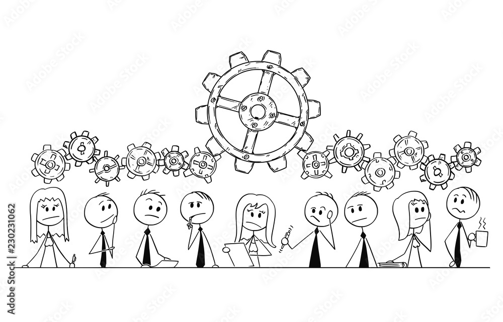 Cartoon stick drawing conceptual illustration of group of nine business ...