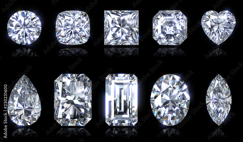 Ten the most popular diamond shapes isolated on black background. 3D ...