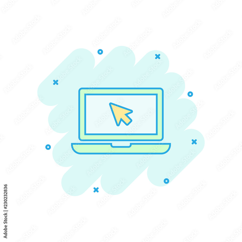 Vector cartoon laptop notebook with mouse cursor icon in comic style ...
