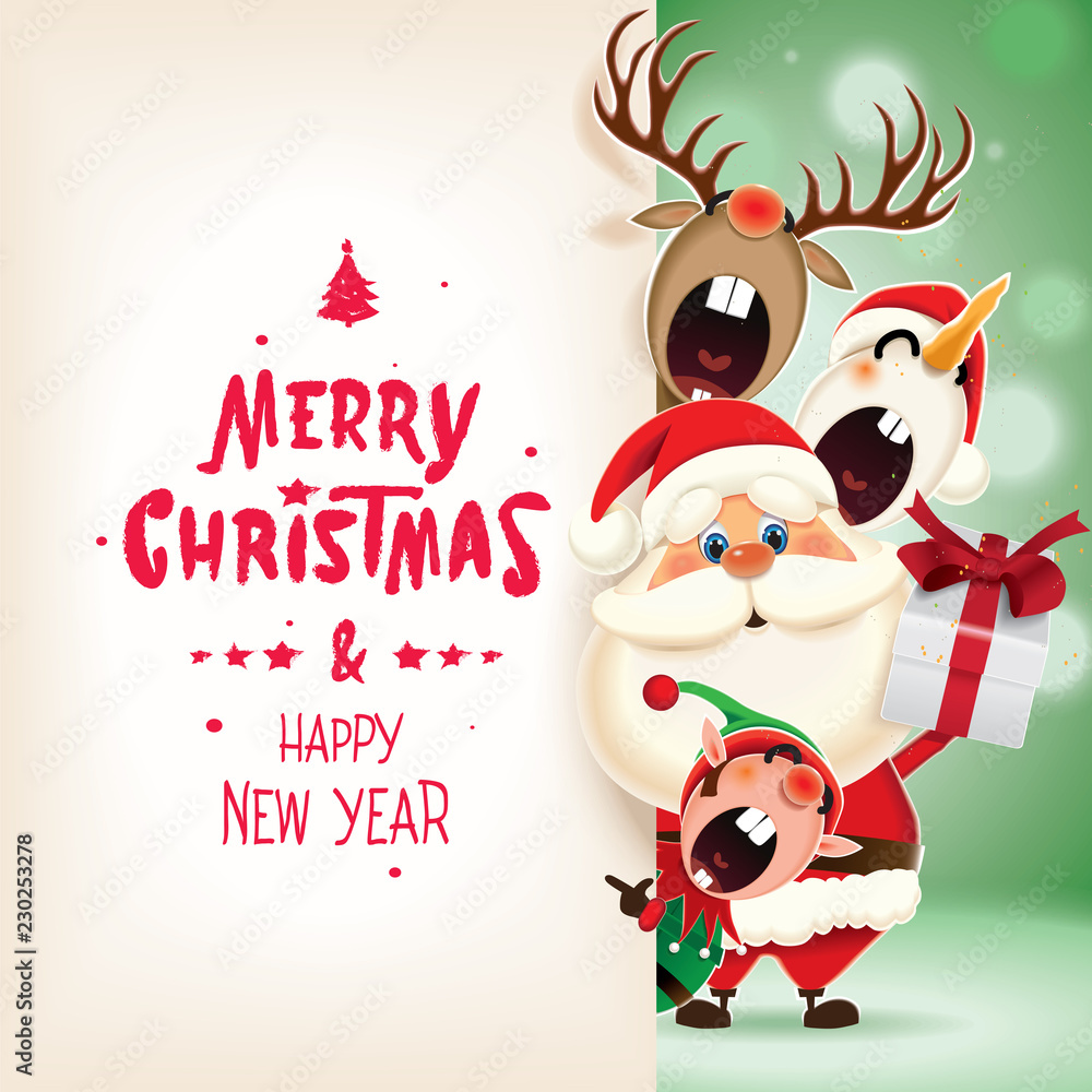 Christmas companions-Santa Claus, Snowman,Reindeer and Elf with textual ...