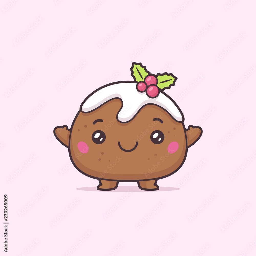 Cute kawaii Christmas pudding mascot character vector cartoon ...