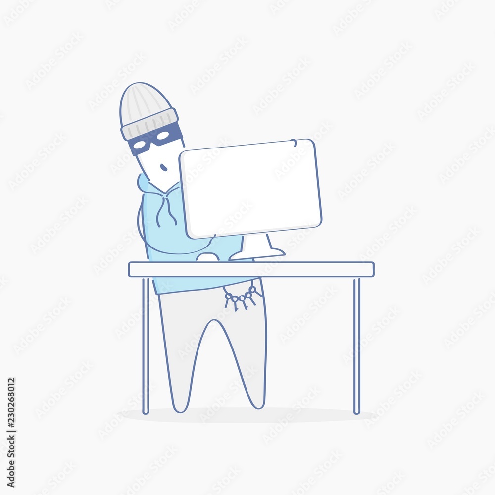 The robber, burglar, hacker, bandit in the mask near computer. Computer ...